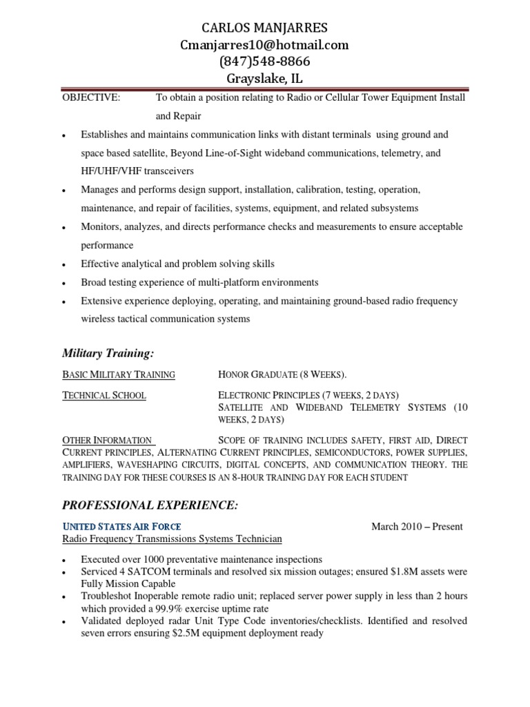Manjarres, Carlos Resume | PDF | Radio | Telemetry