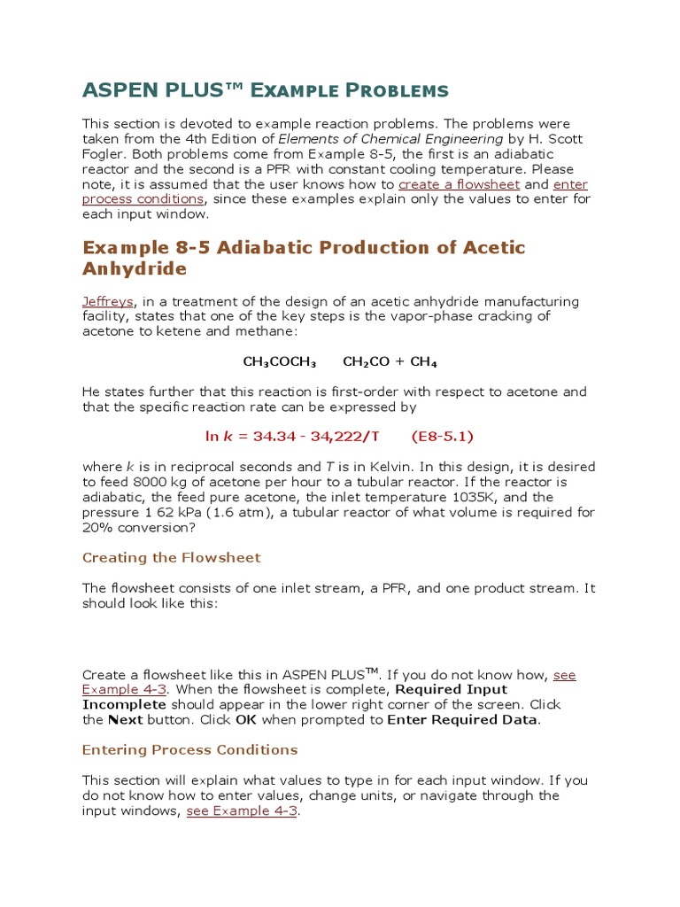 ASPEN PLUS Example Problem | PDF | Activation Energy | Chemical Reactor