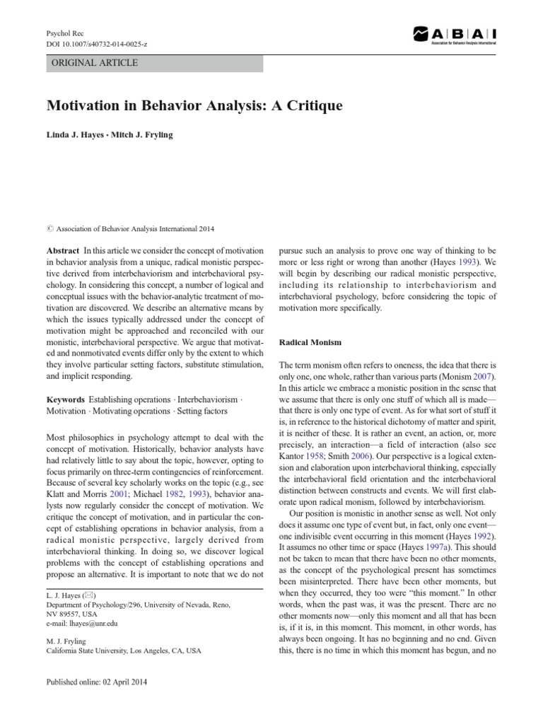 Mitch Fryling & Linda Hayes - Motivation in Behavior Analysis: A ...