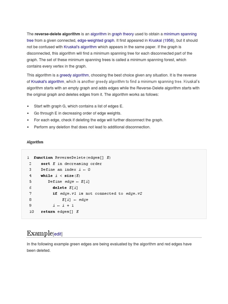 Reverse-Delete Minimum Spanning Tree Algorithm | PDF | Computer Programming | Algorithms And ...