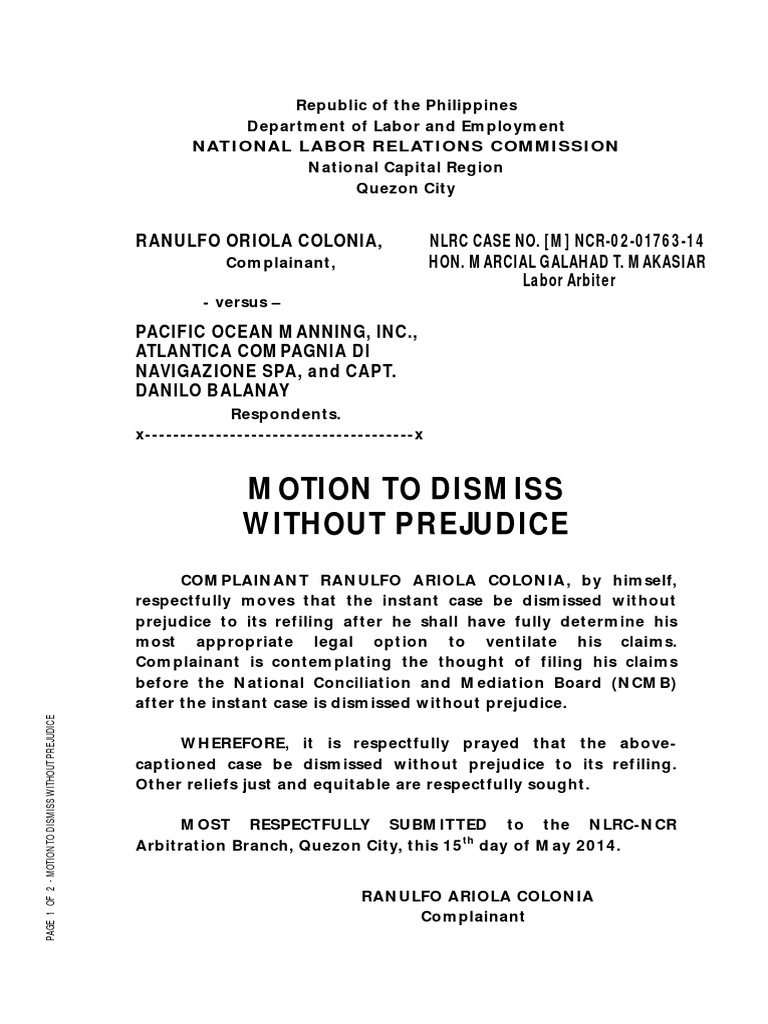 Motion To Dismiss Without Prejudice | PDF | Law
