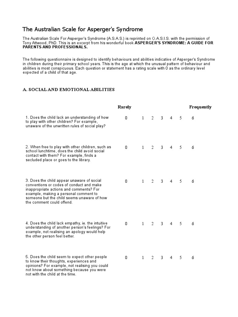 Australian Asperger's Syndrome Scale | PDF | Mental Health | Psychology