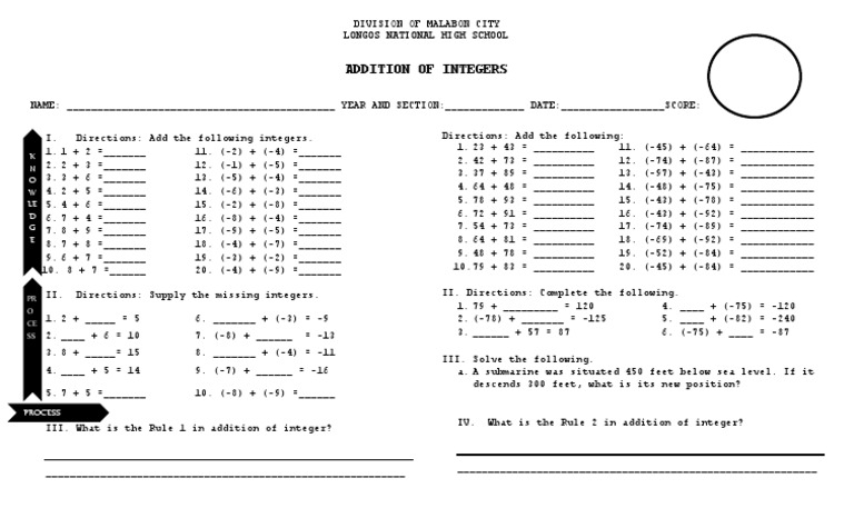Addition of Integers Worksheet | PDF
