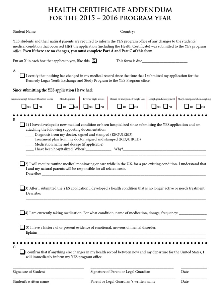 Health Certificate Addendum for YES Program | PDF | Medical Humanities ...
