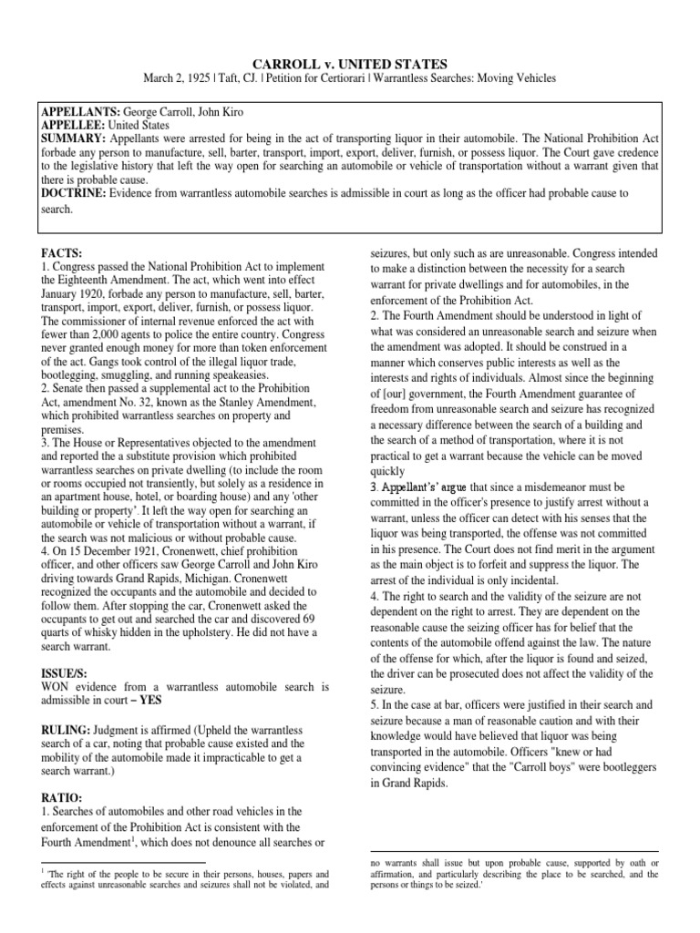 Warrantless Searches of Automobiles Upheld: The Carroll Doctrine ...