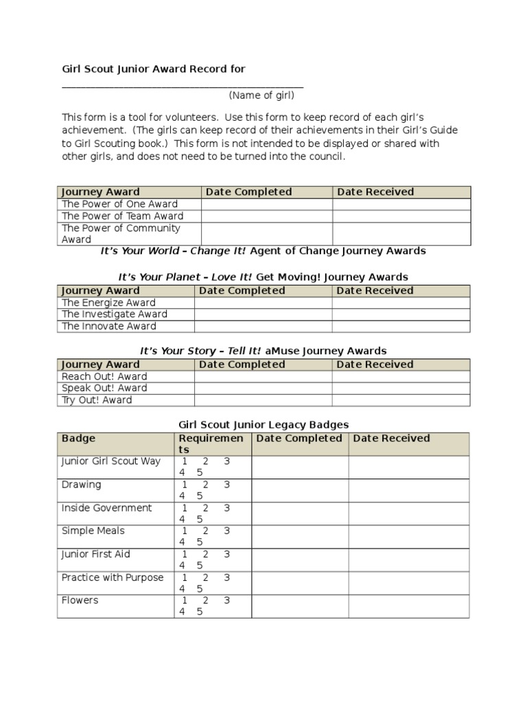 Girl Scout Junior Award Record | PDF | Scouting | Youth Movements