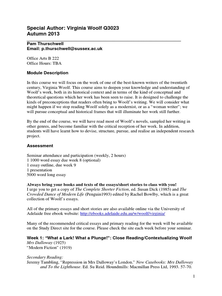 2013 Woolf Outline | PDF | Virginia Woolf | Citation