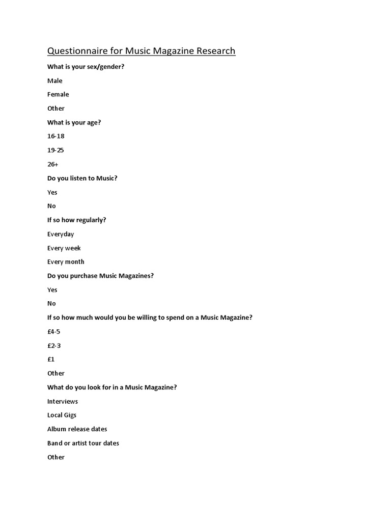 Music Magazine Audience Survey Questionnaire | PDF | Lifestyle