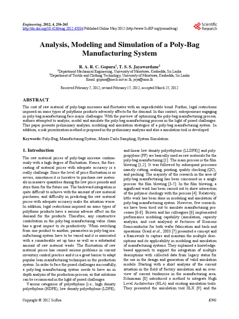 Analysis, Modelling, Simulation of A Poly Bag Manufacturing System ...