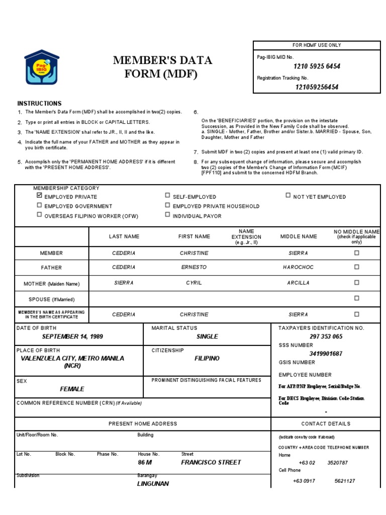 Member's Data Form (MDF) Print (No | PDF | Metro Manila | Address ...