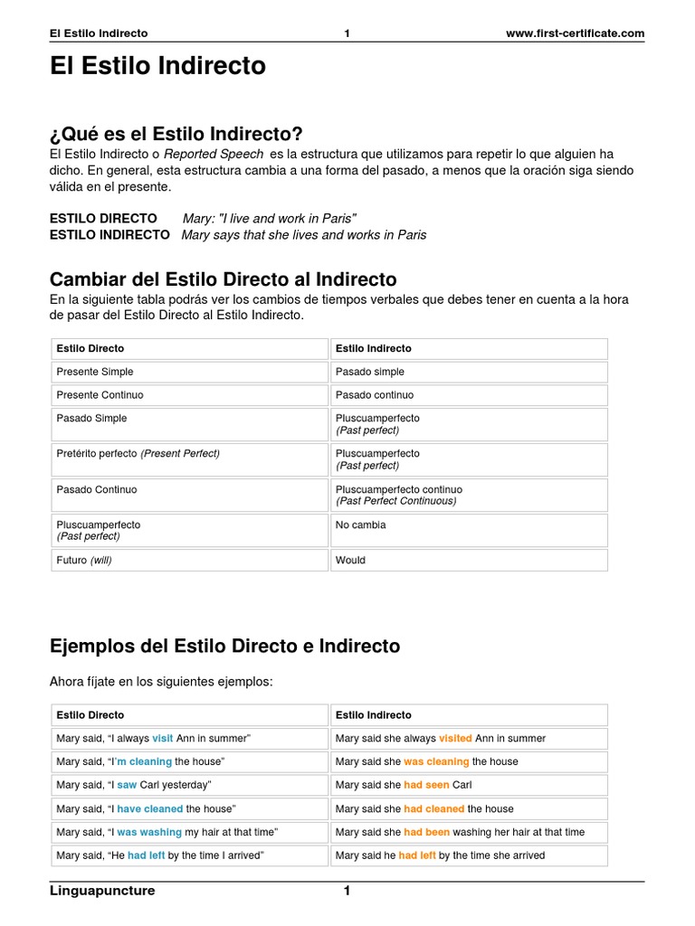 El Estilo Indirecto 2 | Estilo Indirecto Ejercicios Pdf – RUAUE