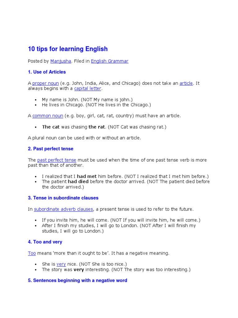 10 Tips For Learning English: 1. Use of Articles | PDF | English ...