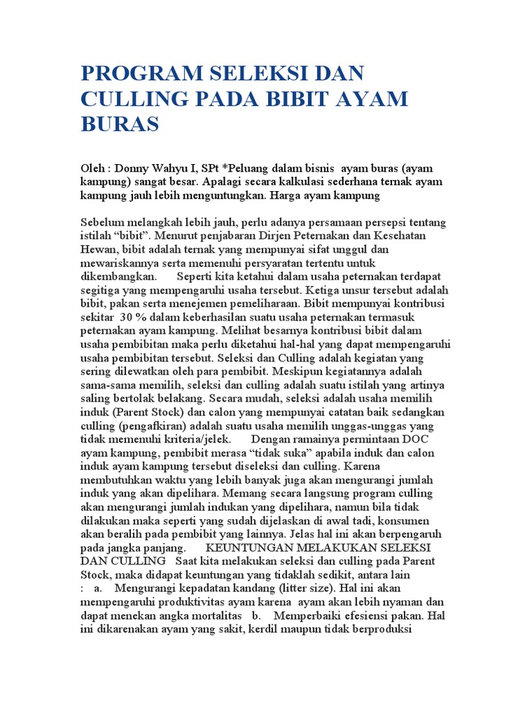 Program Seleksi Dan Culling Pada Bibit Ayam Buras | PDF | Teknologi ...