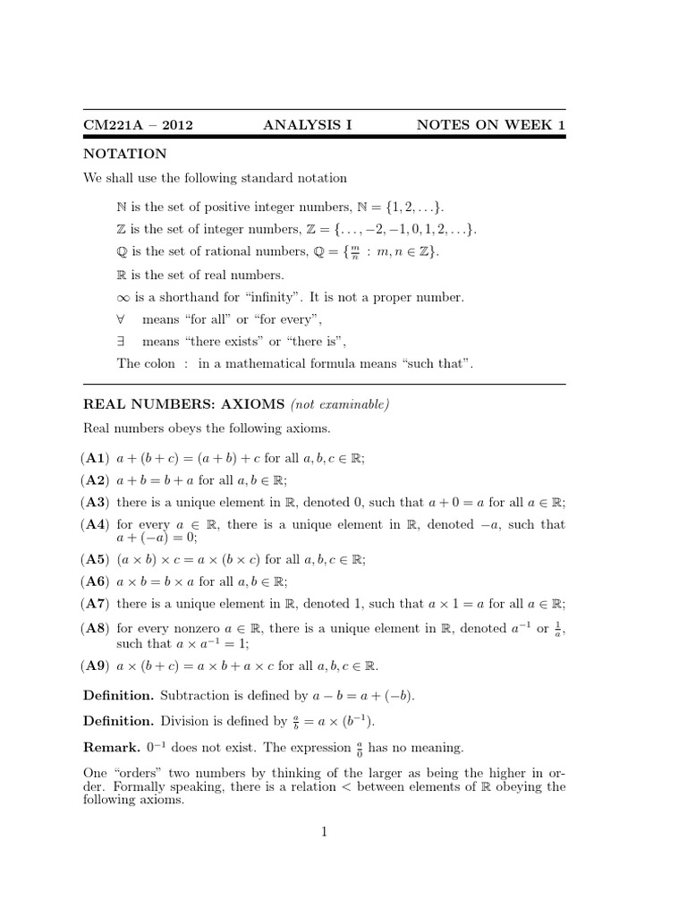 Real Analysis Lecture Notes: Week 1 | PDF | Sequence | Real Number