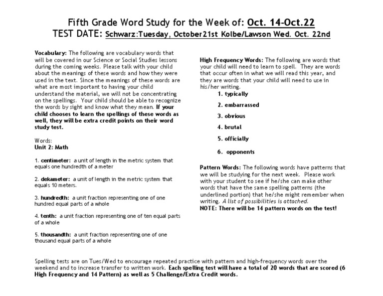 Fifth Grade Word Study: Oct 14-22 | PDF