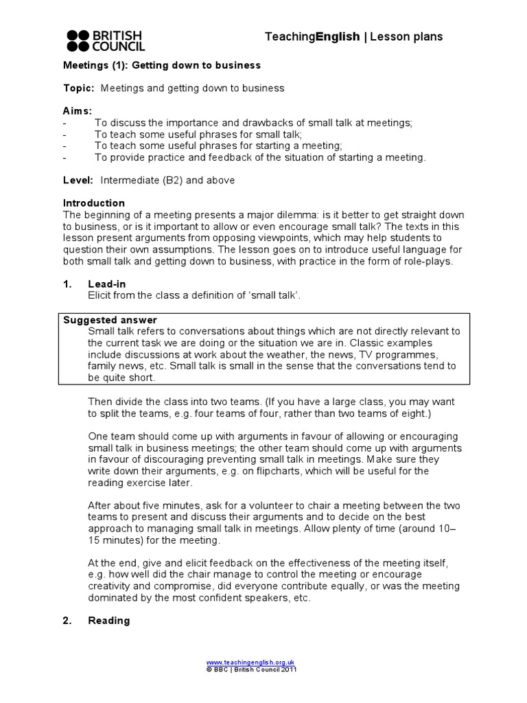 Meetings 1 - Getting Down To Business - Lesson Plan PDF | PDF ...