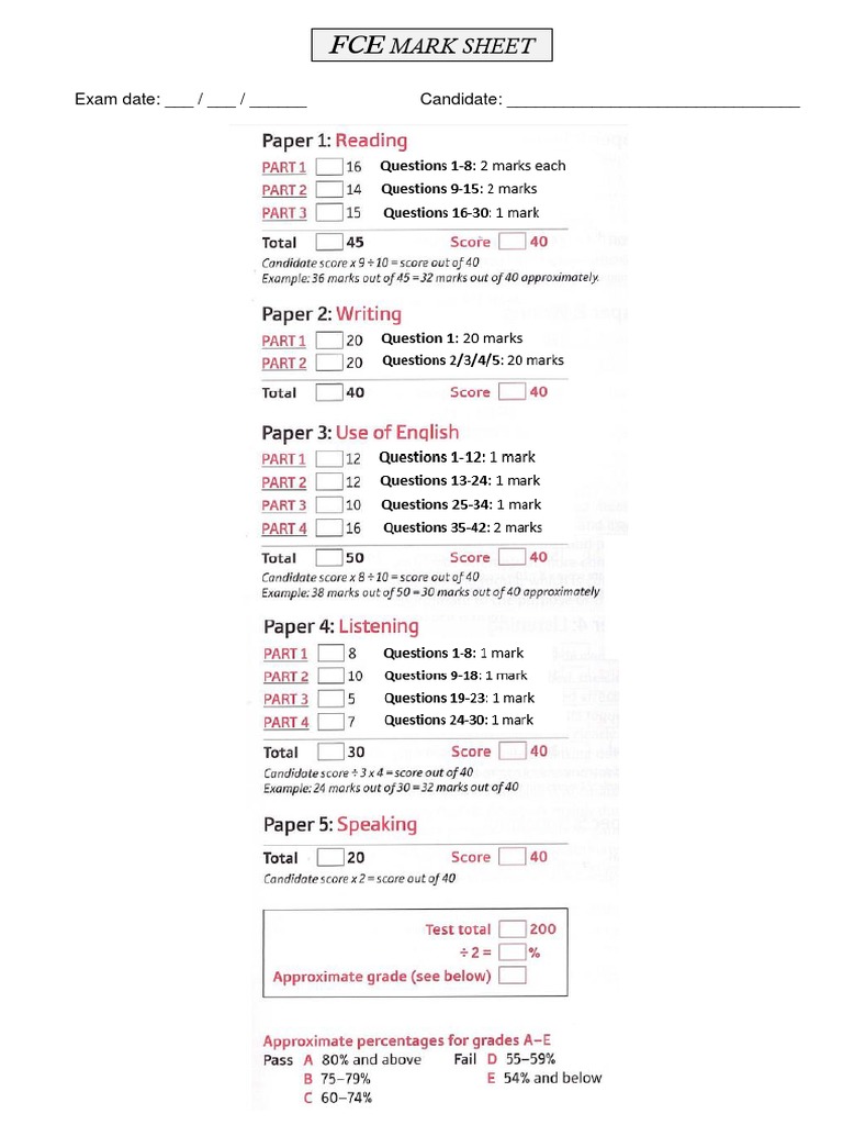 Mark Sheet: Exam Date: - / - / - Candidate | PDF