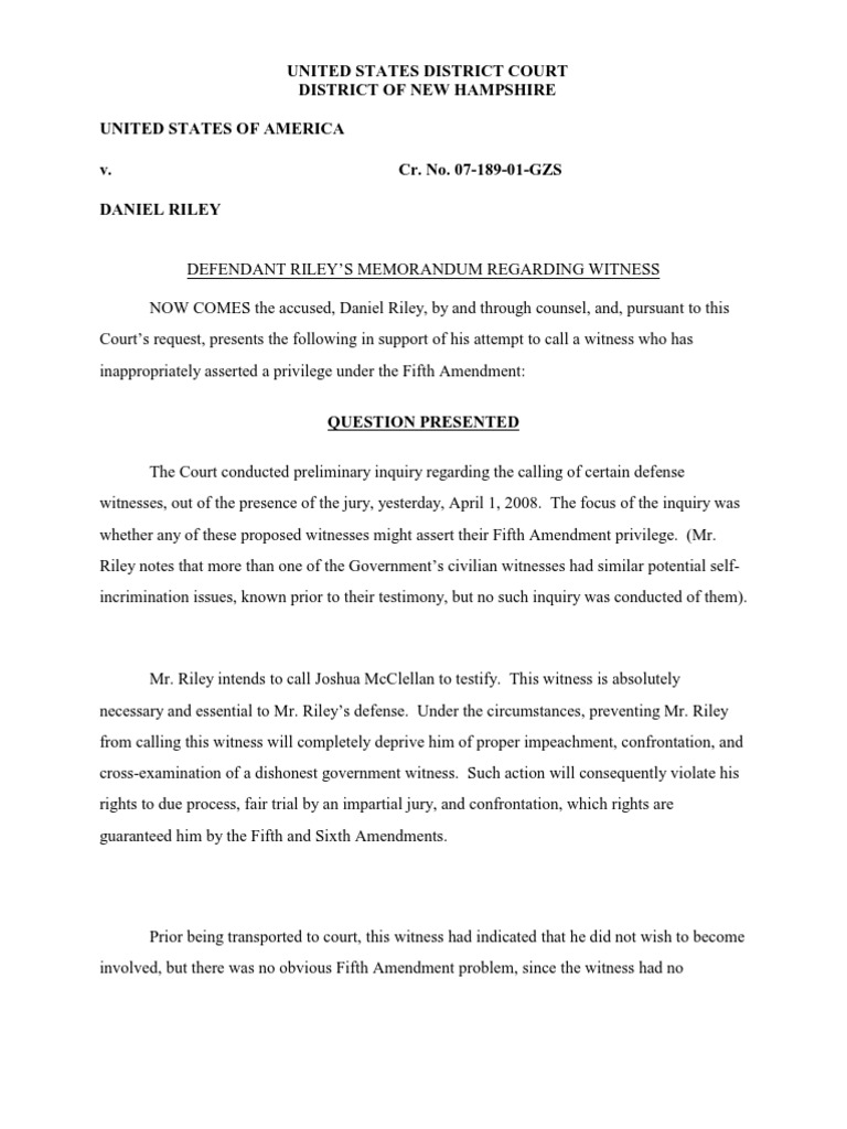 Riley's Motion to Call Witness McClellan | PDF | Witness Impeachment ...