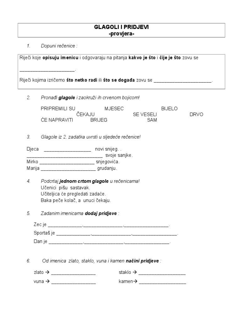 Glagoli I Pridjevi - Provjera | PDF