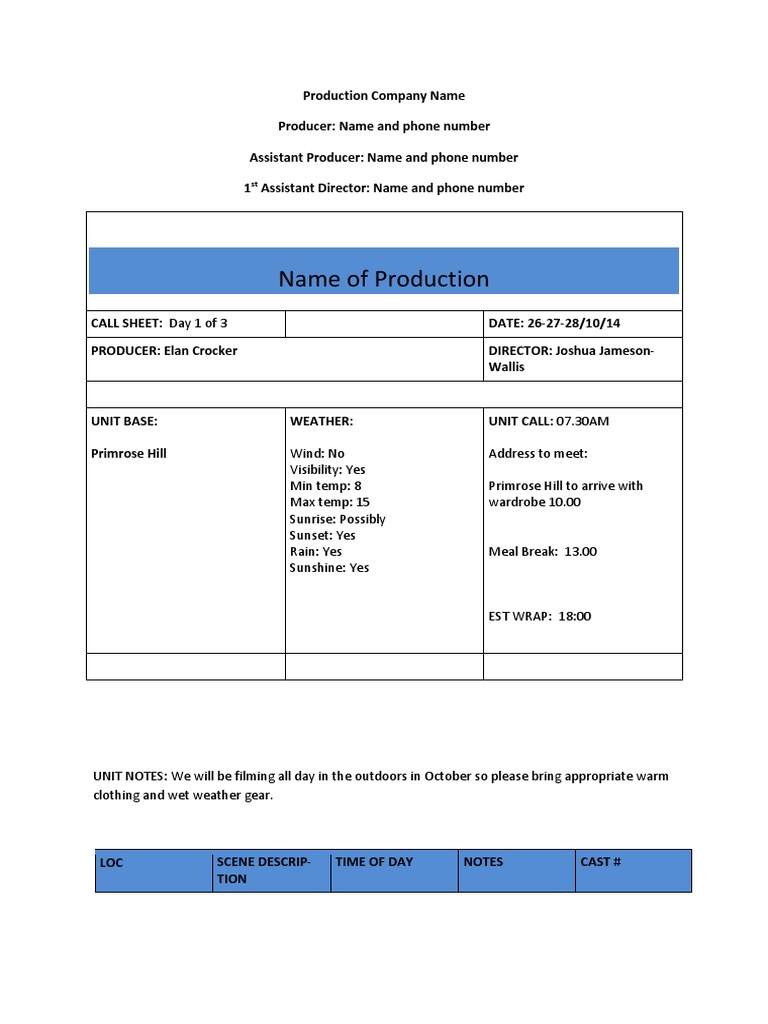 Film Production Call Sheet | PDF | Environment | Leisure