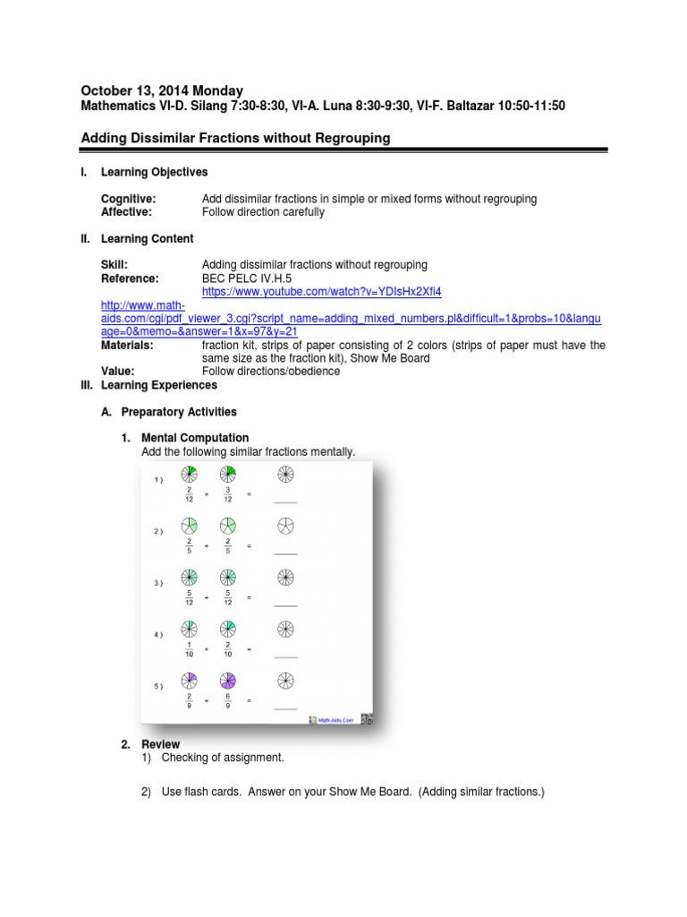 Lesson Plan On Adding Dissimilar Fractions Without Regrouping