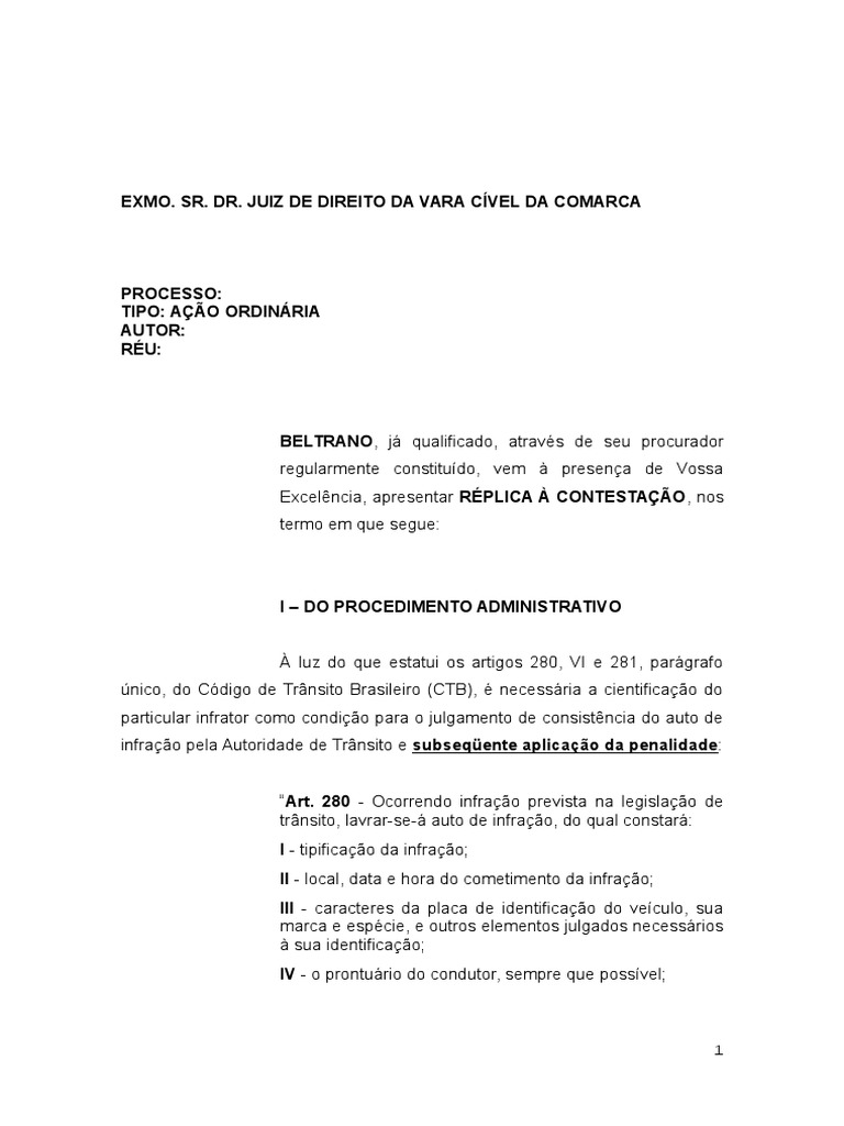 Réplica à Contestação em Ação de Trânsito | PDF | Julgamentos | Réu