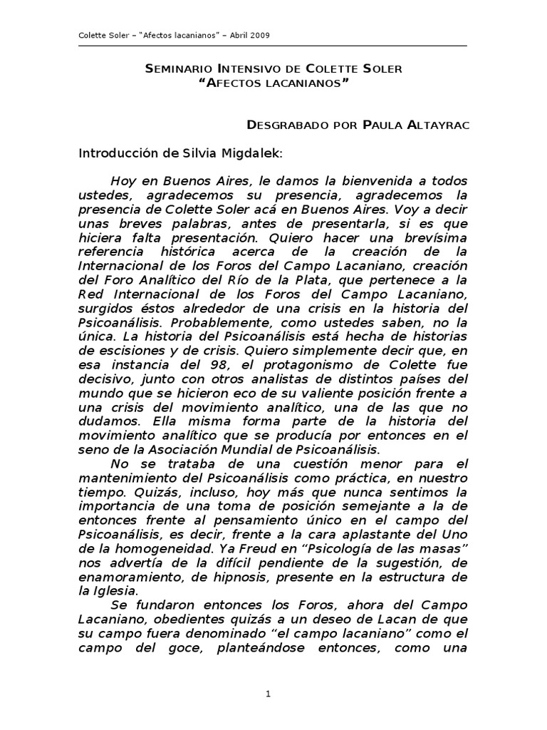 Colette Soler Afectos Lacanianos PDF | PDF | Psicoanálisis | Mente ...