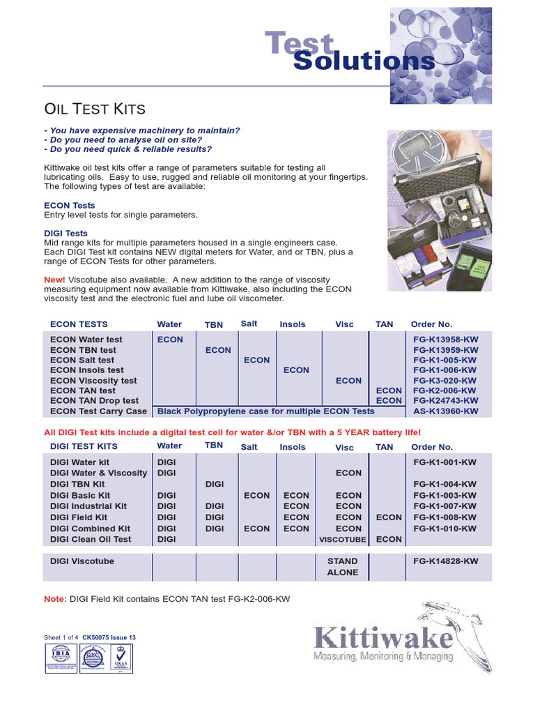 Kittiwake Oil Test Kits | PDF | Motor Oil | Lubricant