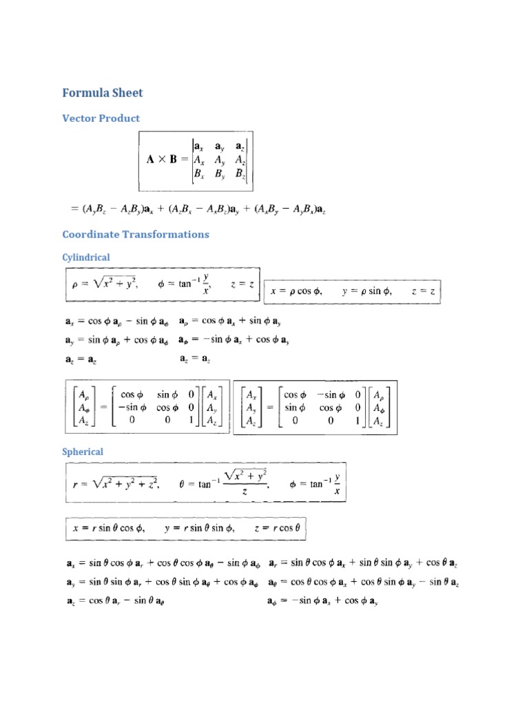 Vector Calculus Formula Sheet | PDF