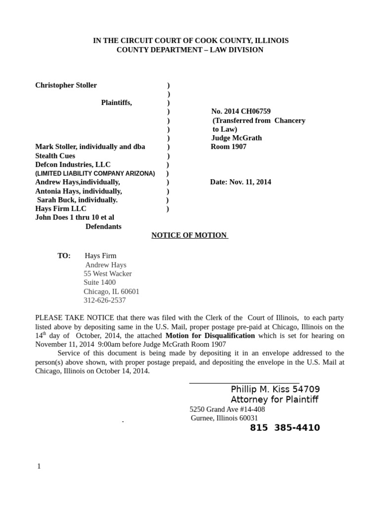 Motion To Disqualify Andrew T. Hays, Sarah E. Buck, Antonio Hays | PDF | Tort | Comparative Law