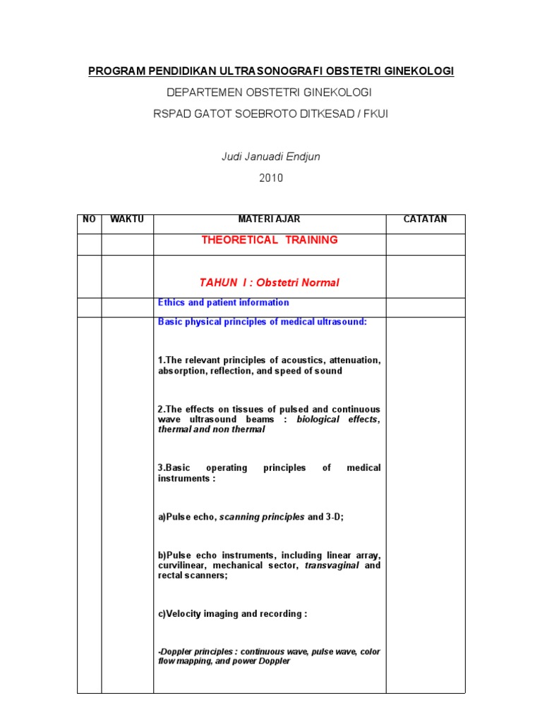 PPDS USG Usulan Pelatihan USG OBGIN JJE 2010 | PDF | Medical Ultrasound ...