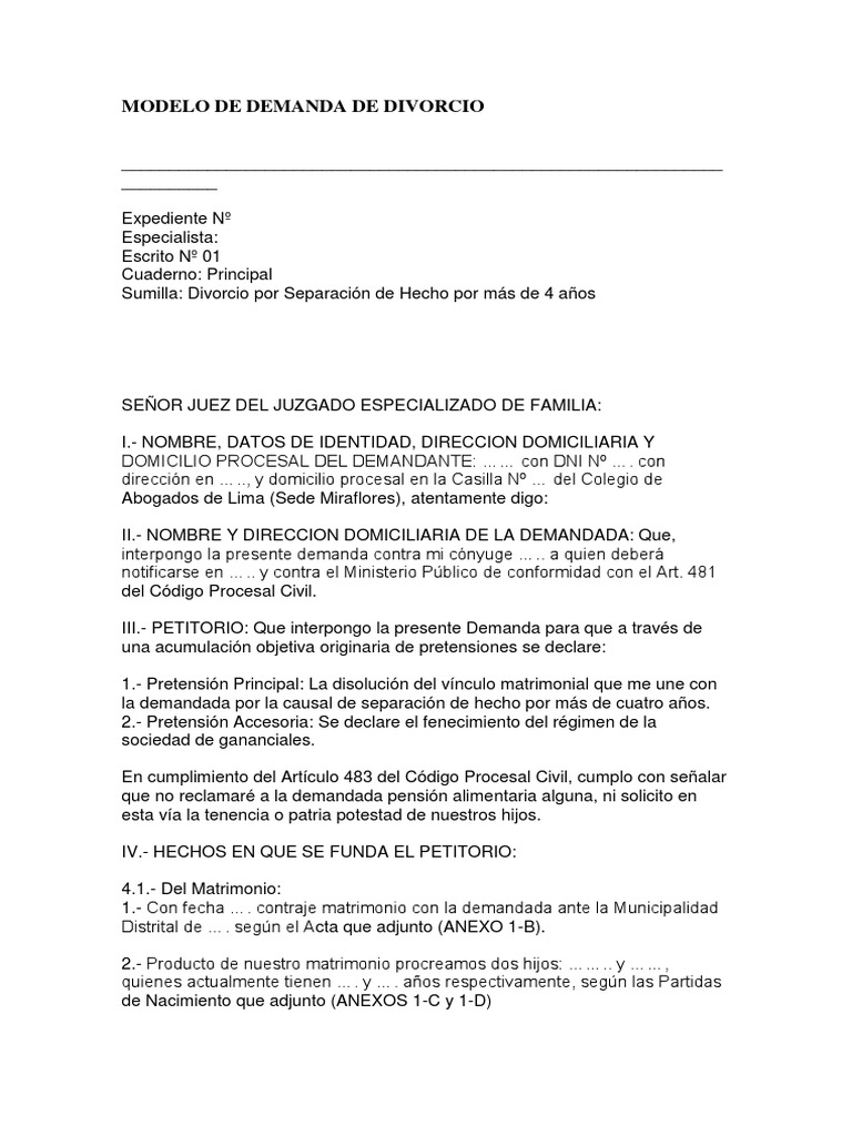 Modelo de Demanda de Divorcio | PDF | Divorcio | Demanda judicial