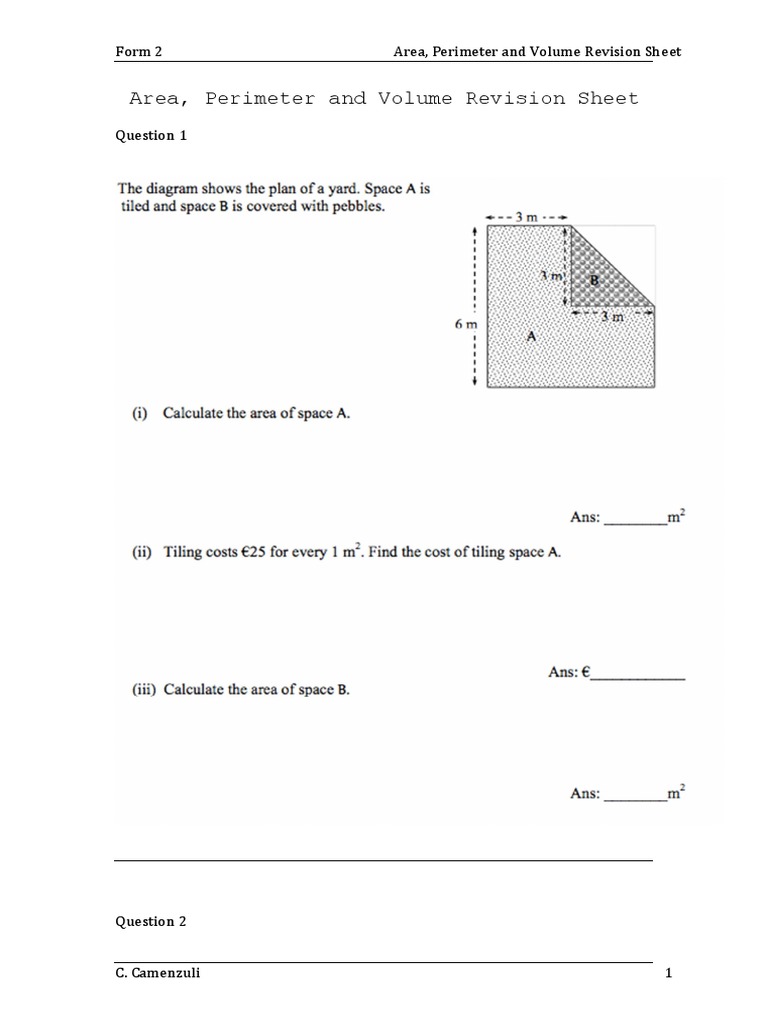 Form 2 Area, Perimeter and Volume Revision Sheet | PDF | Teaching ...
