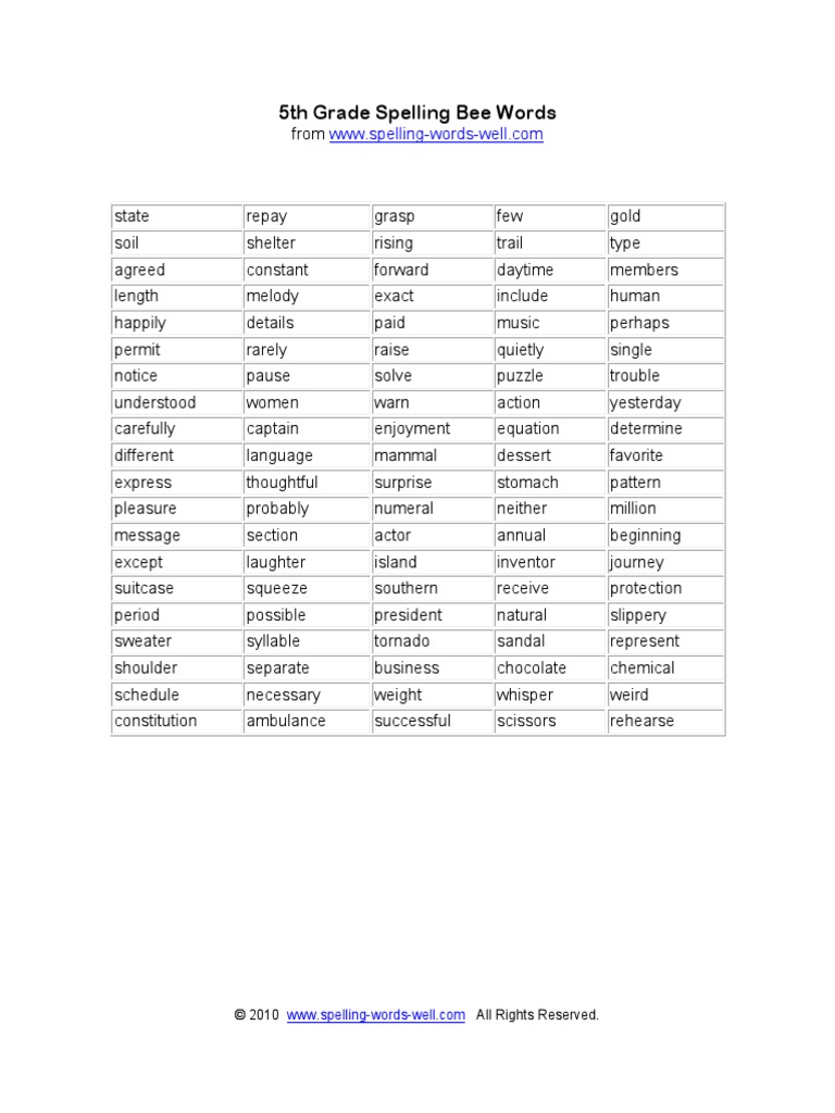 5th Grade Spelling Bee Words | PDF | Travel | Language Arts & Discipline