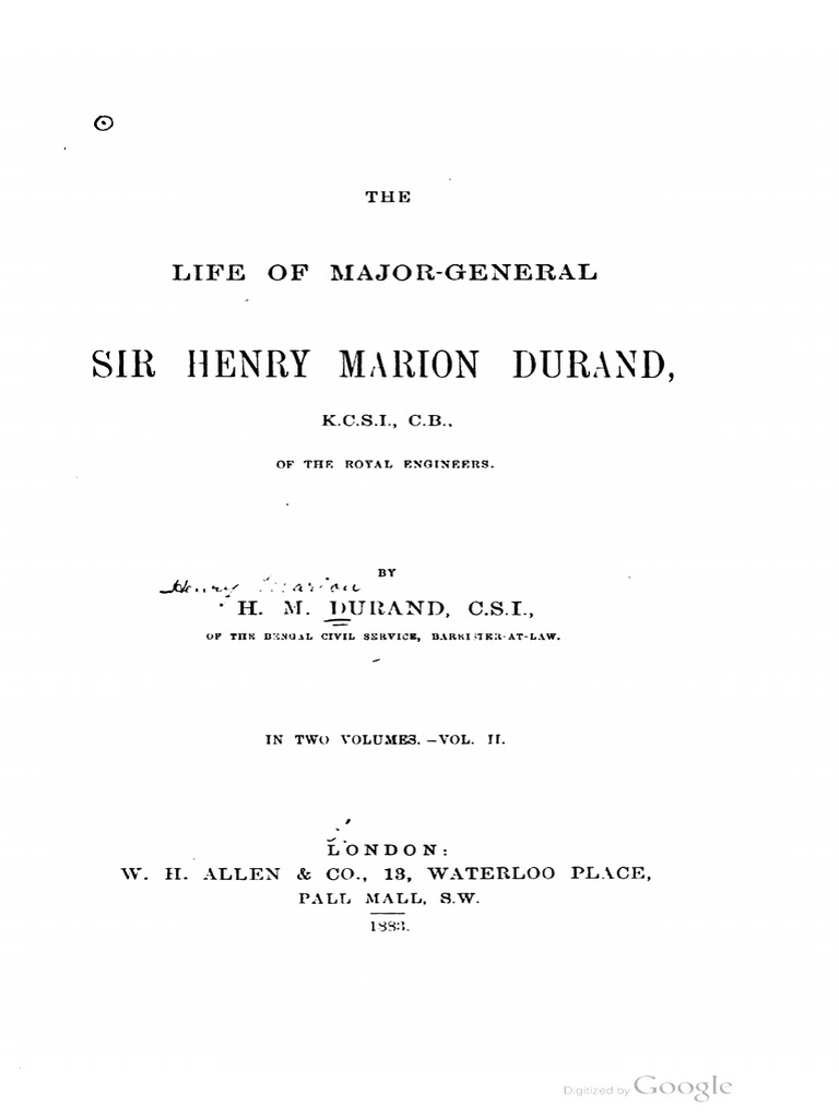 1883 The Life of Major General Sir Henry Marion Durand Vol 2 by Durand ...