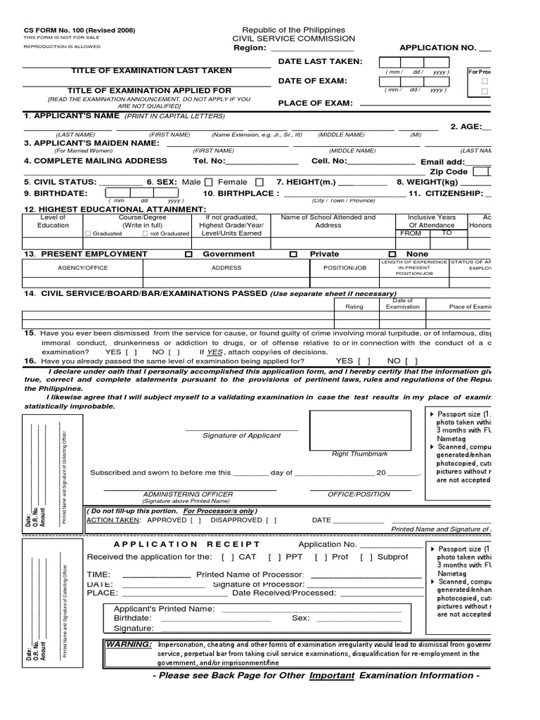 CS FORM No. 100 (Revised 2008) | PDF | Identity Document | Test ...