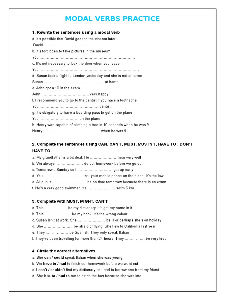 Modal Verbs Practice: 1. Rewrite The Sentences Using A Modal Verb | PDF ...