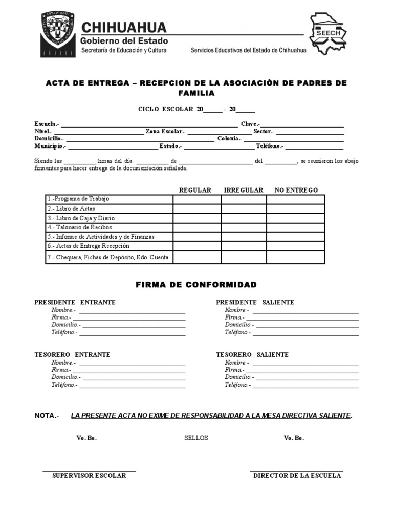 Acta de Entrega y Recepcion de Documentos | PDF
