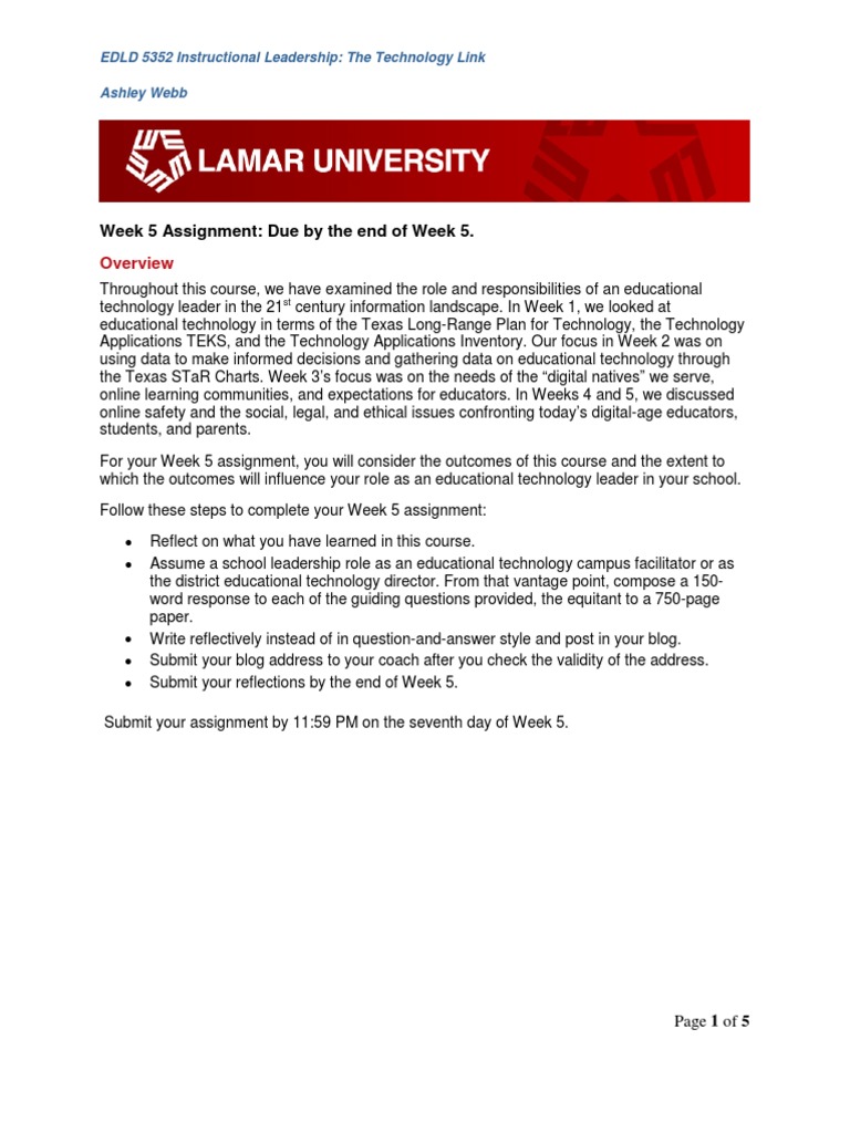 EDLD 5352 Week 5 Assignment | PDF | Educational Technology | Leadership