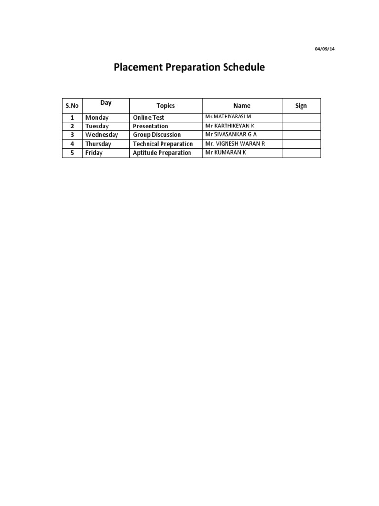 Placement Preparation Schedule | PDF