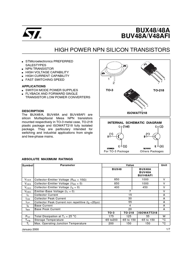 Buv48a PDF | PDF | Bipolar Junction Transistor | Transistor