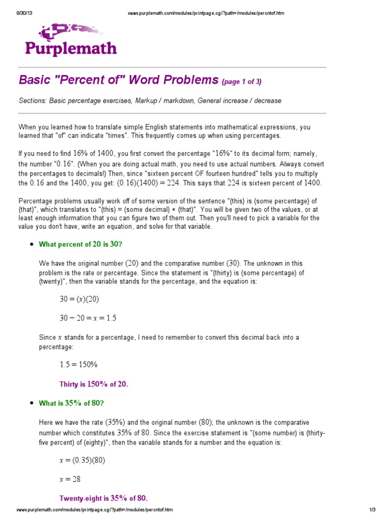 Basic Percent of Word Problems 1 | Percentage | Equations