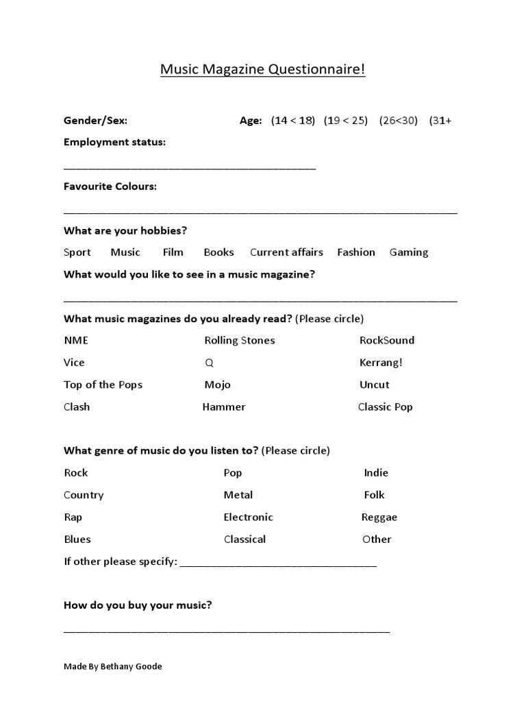 Music Magazine Reader Survey Template | PDF | Performing Arts | Mass Media