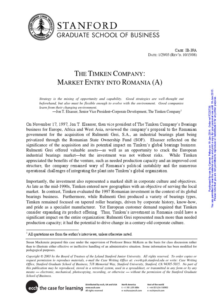 Case Study 11 - The Timken Company - Market Entry Into Romania PDF ...