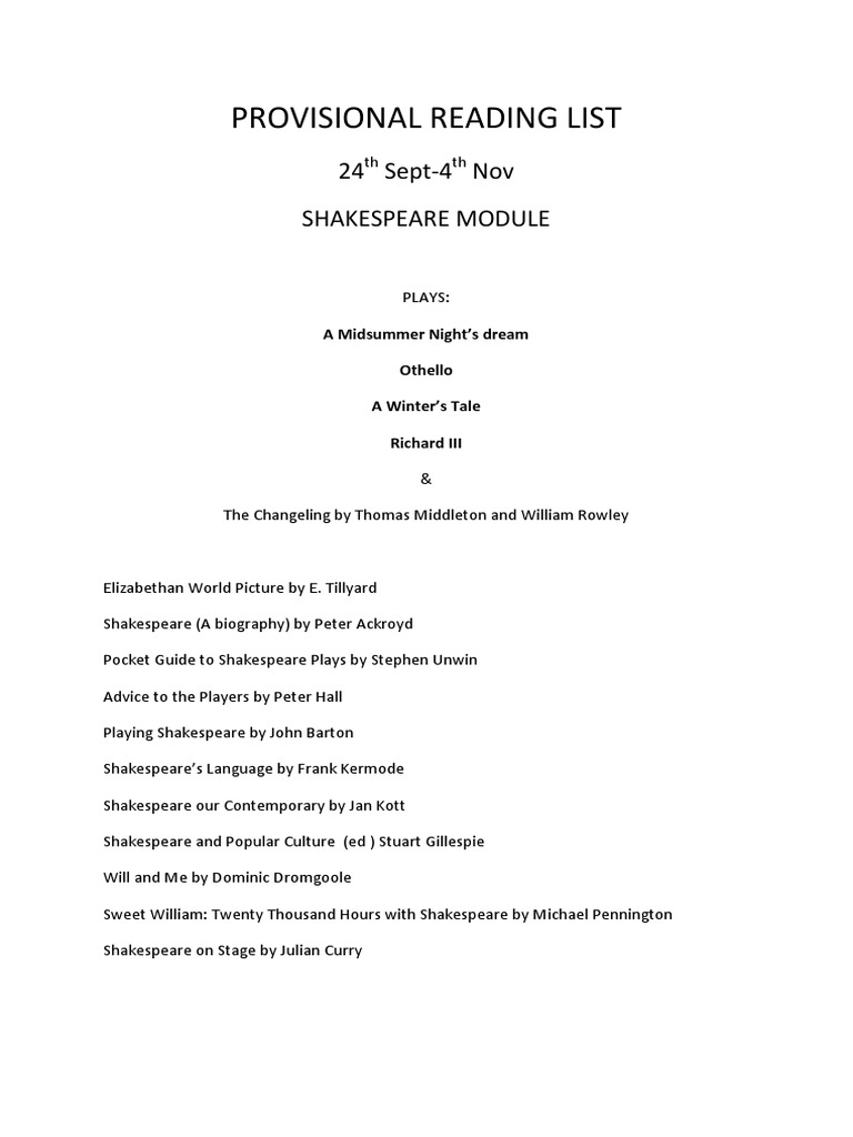 Provisional Reading List: 24 Sept-4 Nov Shakespeare Module | PDF