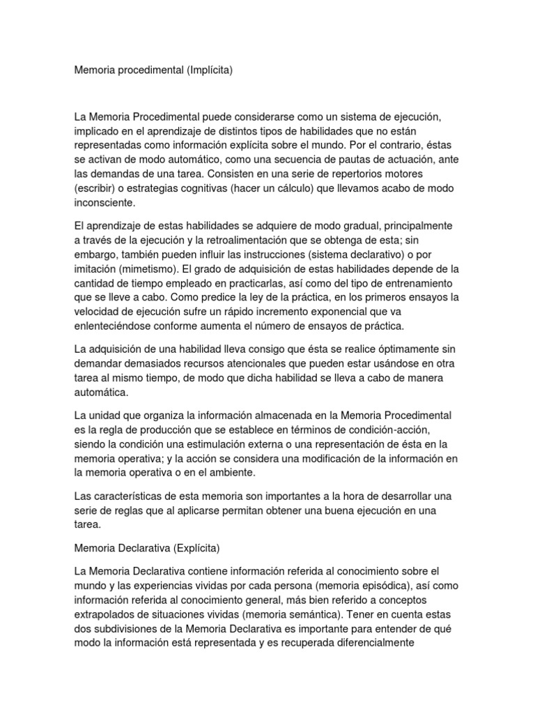 Memoria Procedimental | PDF | Memoria | Procesos de memoria