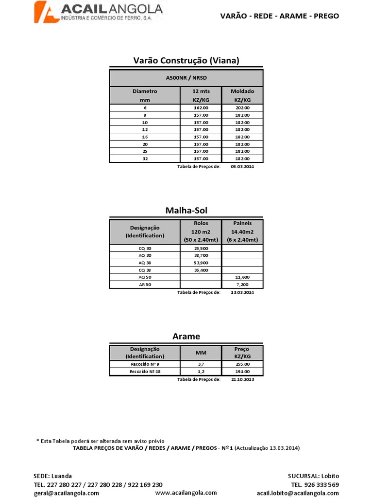 Acail-Tabela de Preços