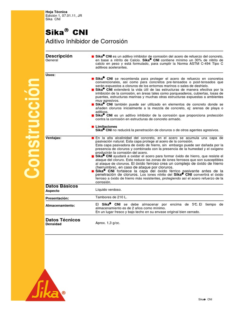 Sika CNI PDF | PDF | Corrosión | Hormigón