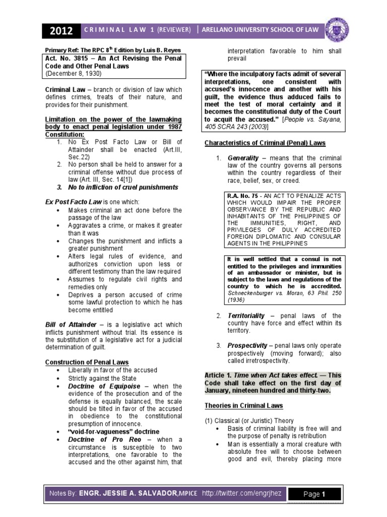 Criminal Law 1 Notes | PDF | Conspiracy (Criminal) | Crime & Violence