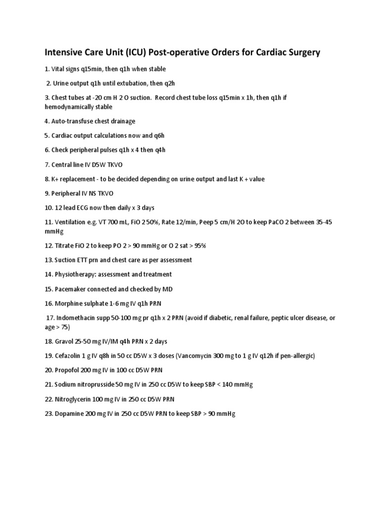 Cardiac Post Opt Orders | PDF | Heart | Medical Specialties